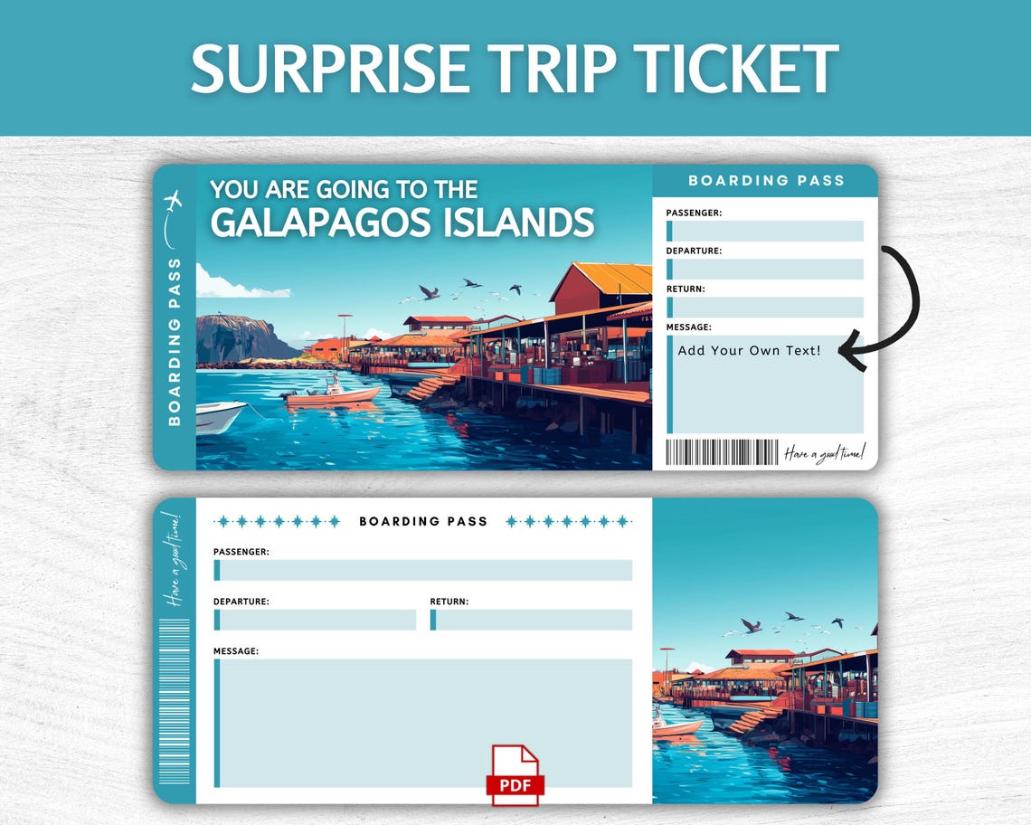 Printable Galapagos Surprise Gift Ticket, Editable Ecuador Vacation ...