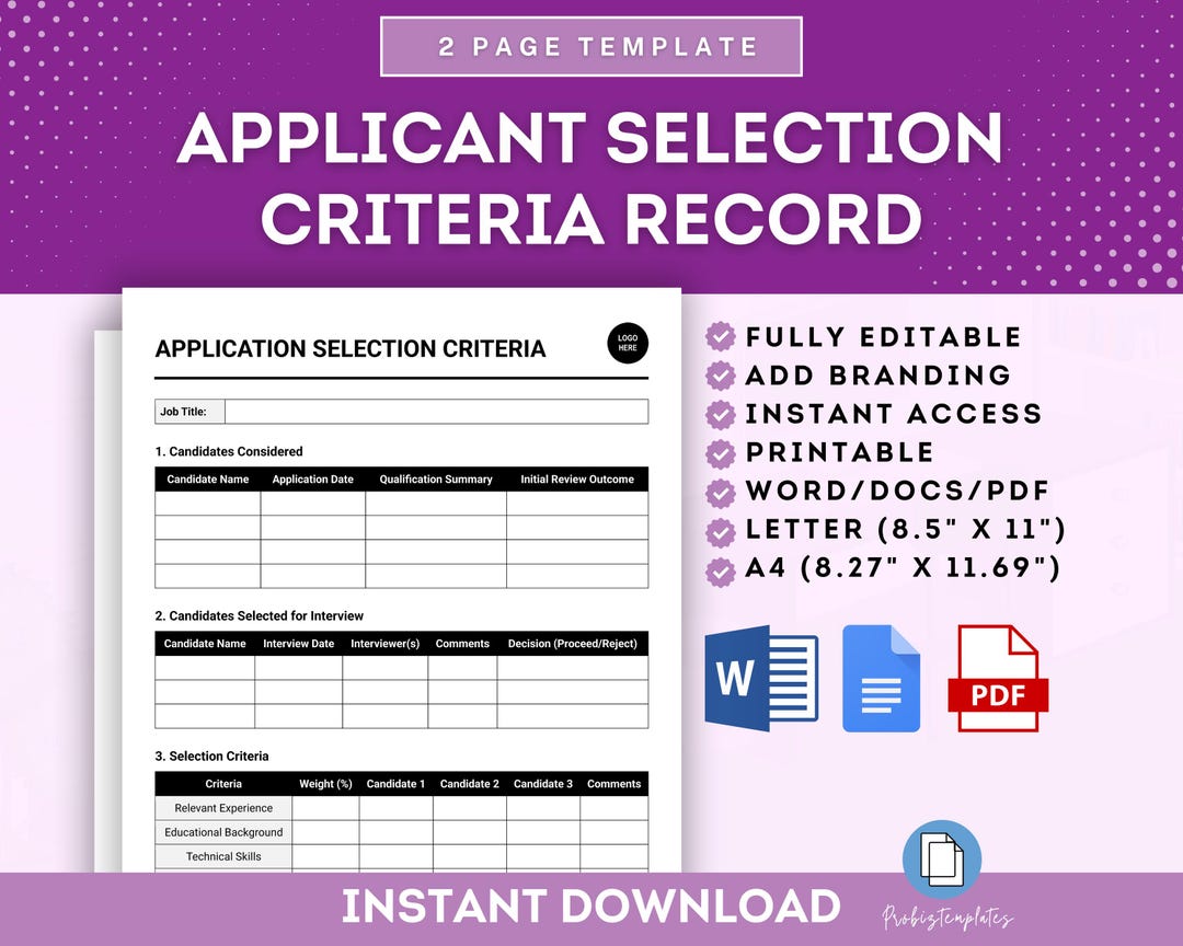 Applicant Selection Criteria Record Template, Job Applicant Selection ...