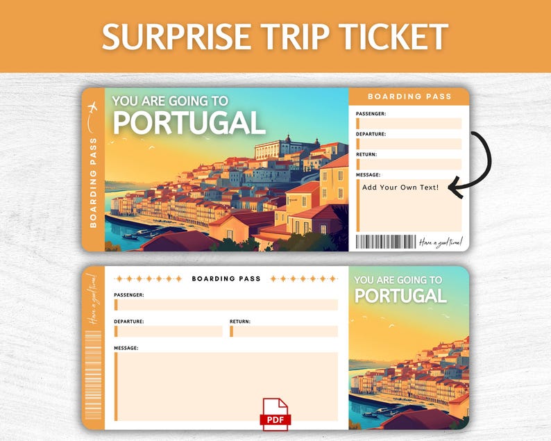 Printable Portugal Surprise Gift Ticket, Editable Lisbon Vacation ...