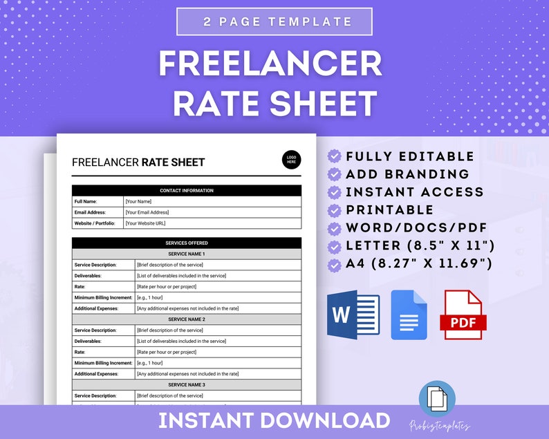Freelancer Rate Sheet Template, Freelance Service Pricing Sheet ...