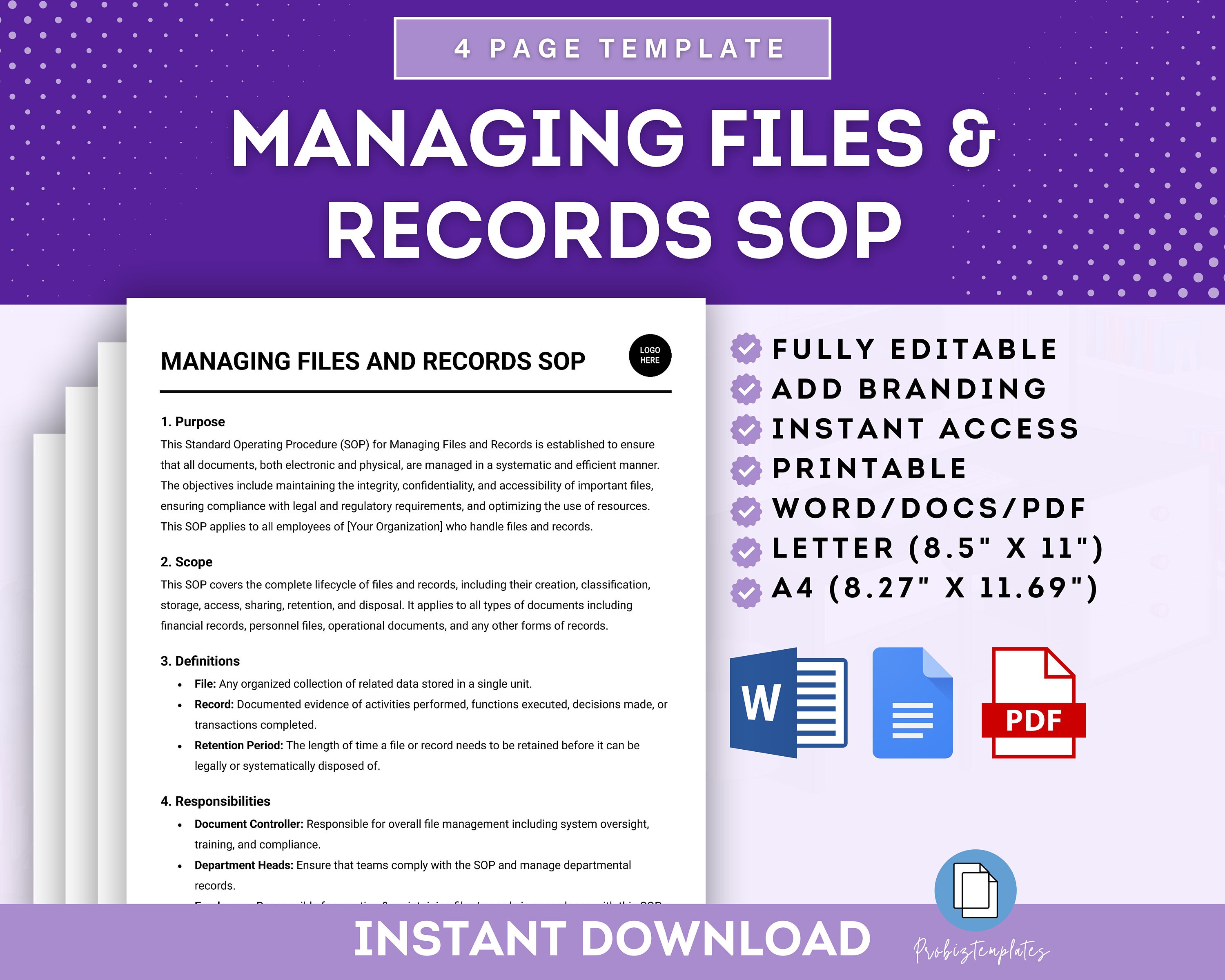 Managing Files and Records SOP Template, File Management SOP, Records ...
