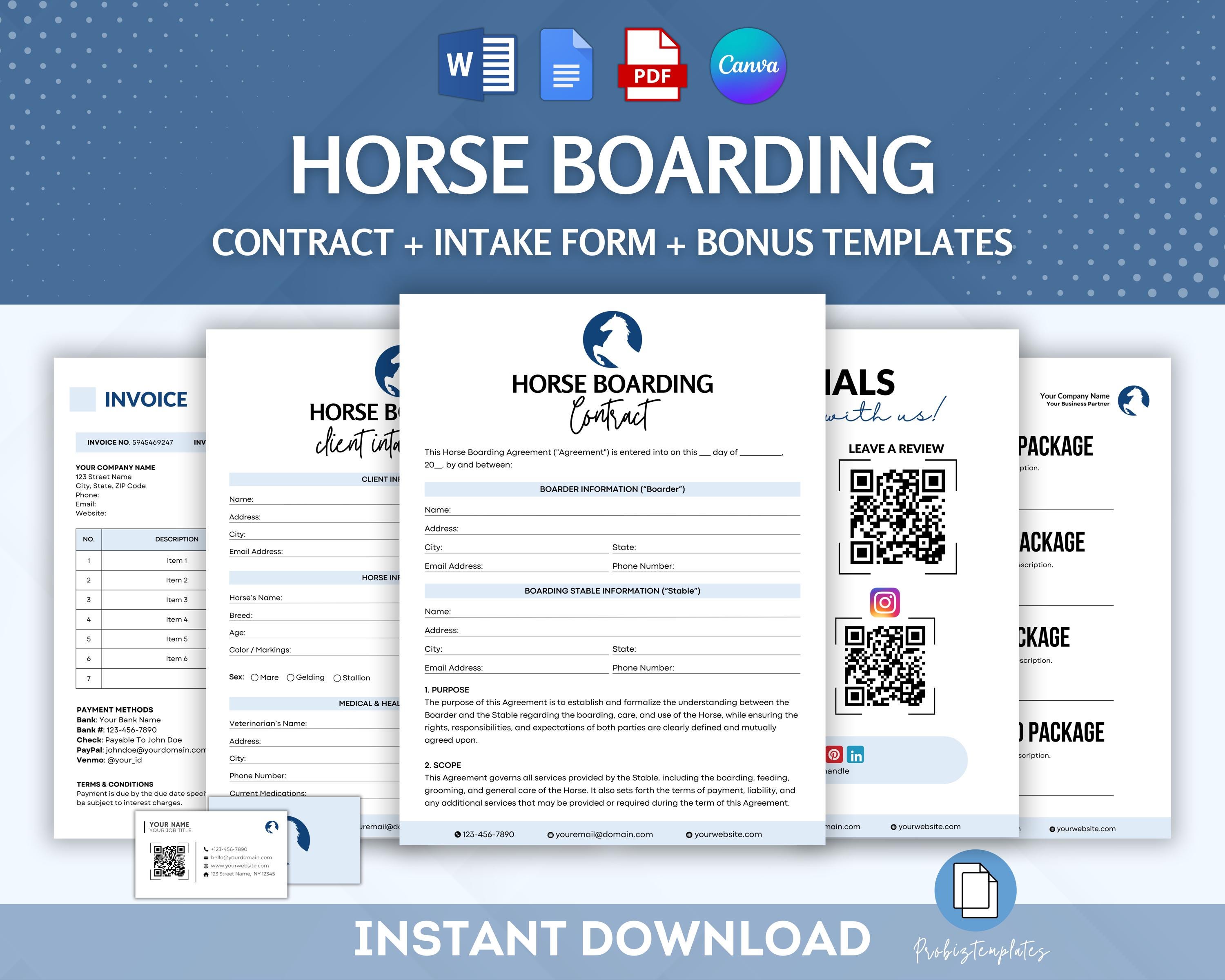 Horse Boarding Contract Bundle, Equestrian Agreement Template, Stable Boarding Terms, Horse Care ...