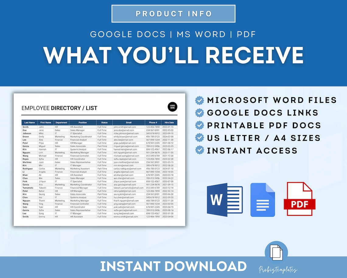 Employee List Template, Employee Directory, Staff Roster Template ...