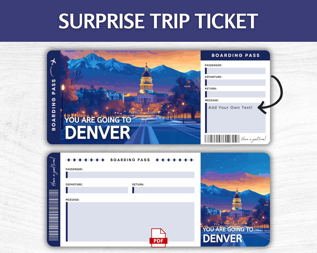 Printable Denver Surprise Gift Ticket, Editable Colorado Vacation ...