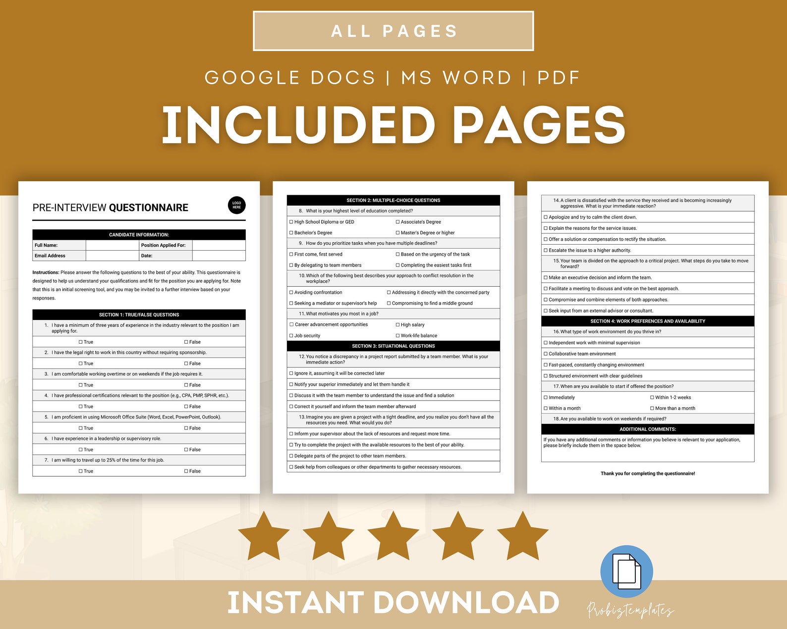 Pre-interview Questionnaire Template, Candidate Pre-interview Questions ...