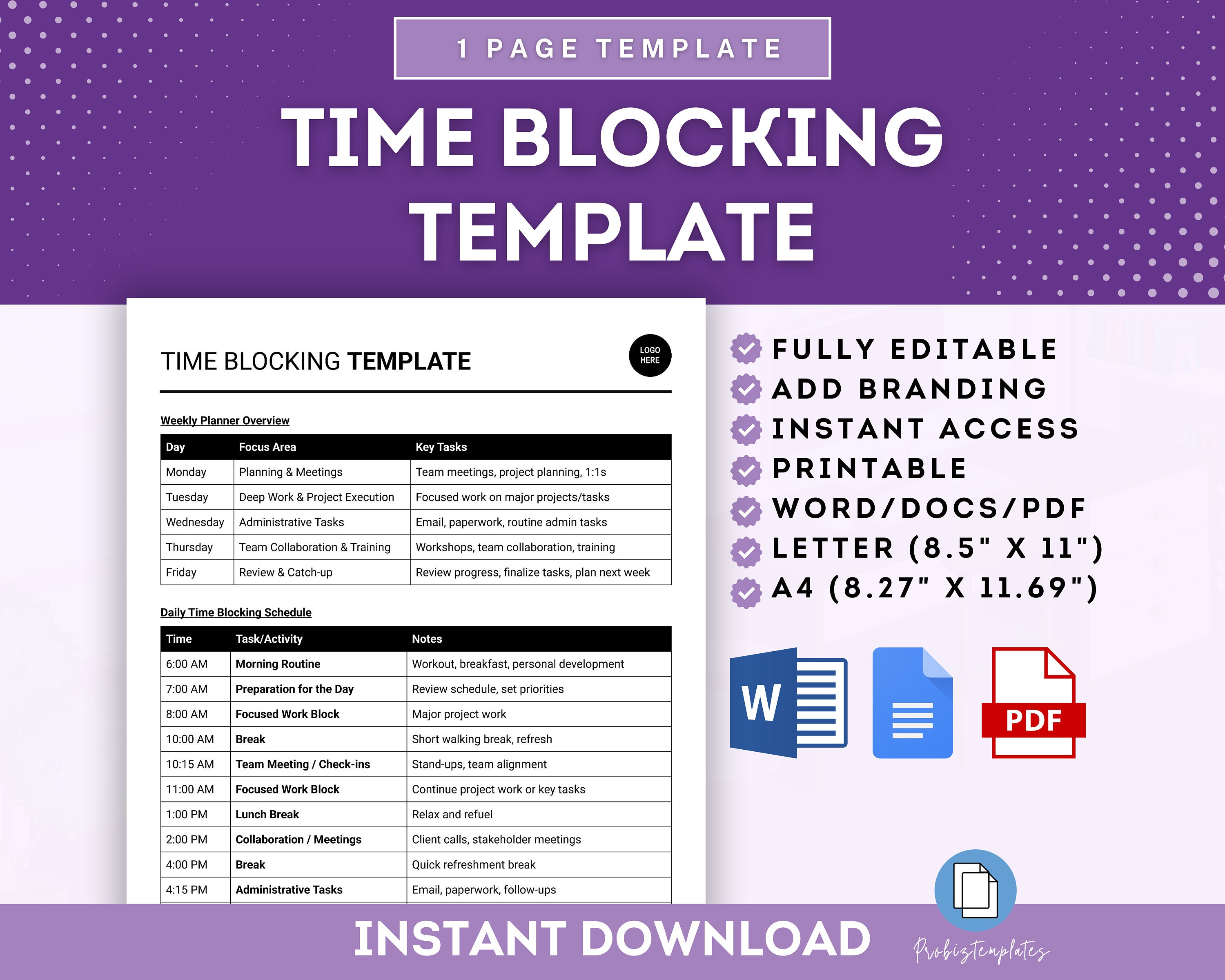 Time Blocking Template, Daily Schedule Template, Time Management ...