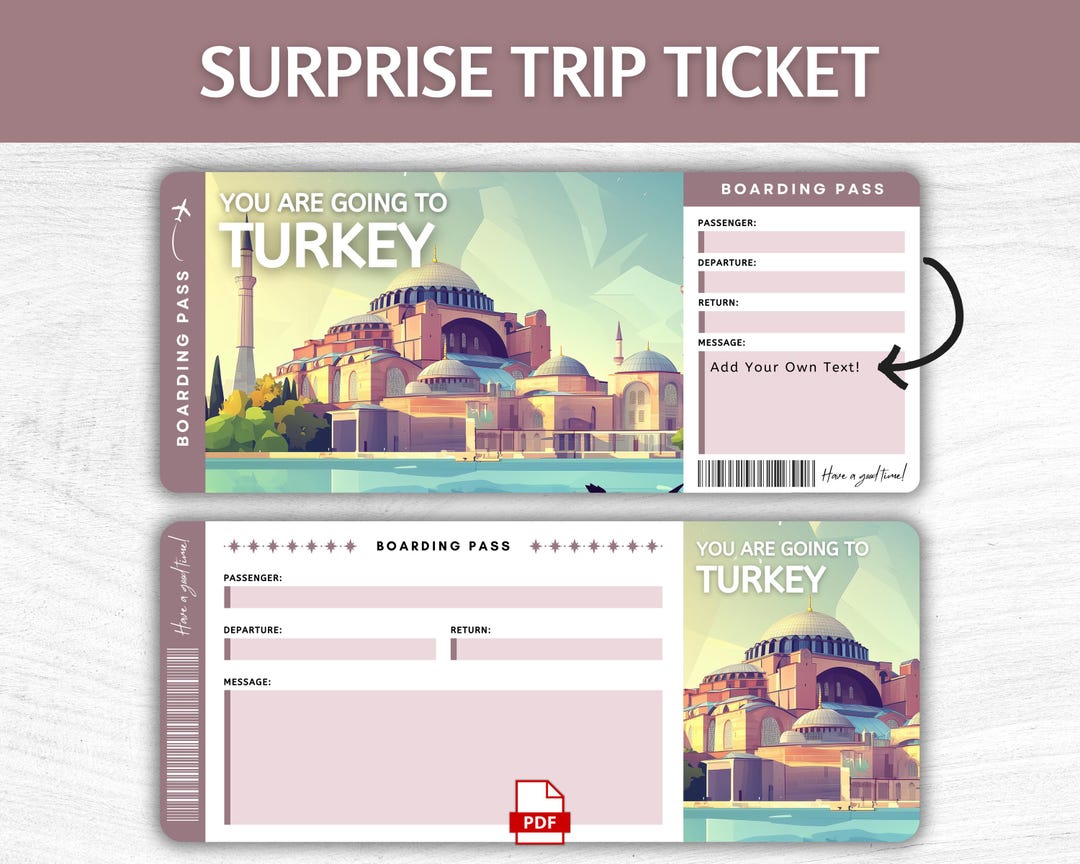 Printable Turkey Surprise Gift Ticket, Editable Istanbul Vacation ...