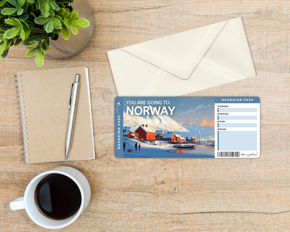 Printable Norway Surprise Gift Ticket, Editable Oslo Boarding Pass ...