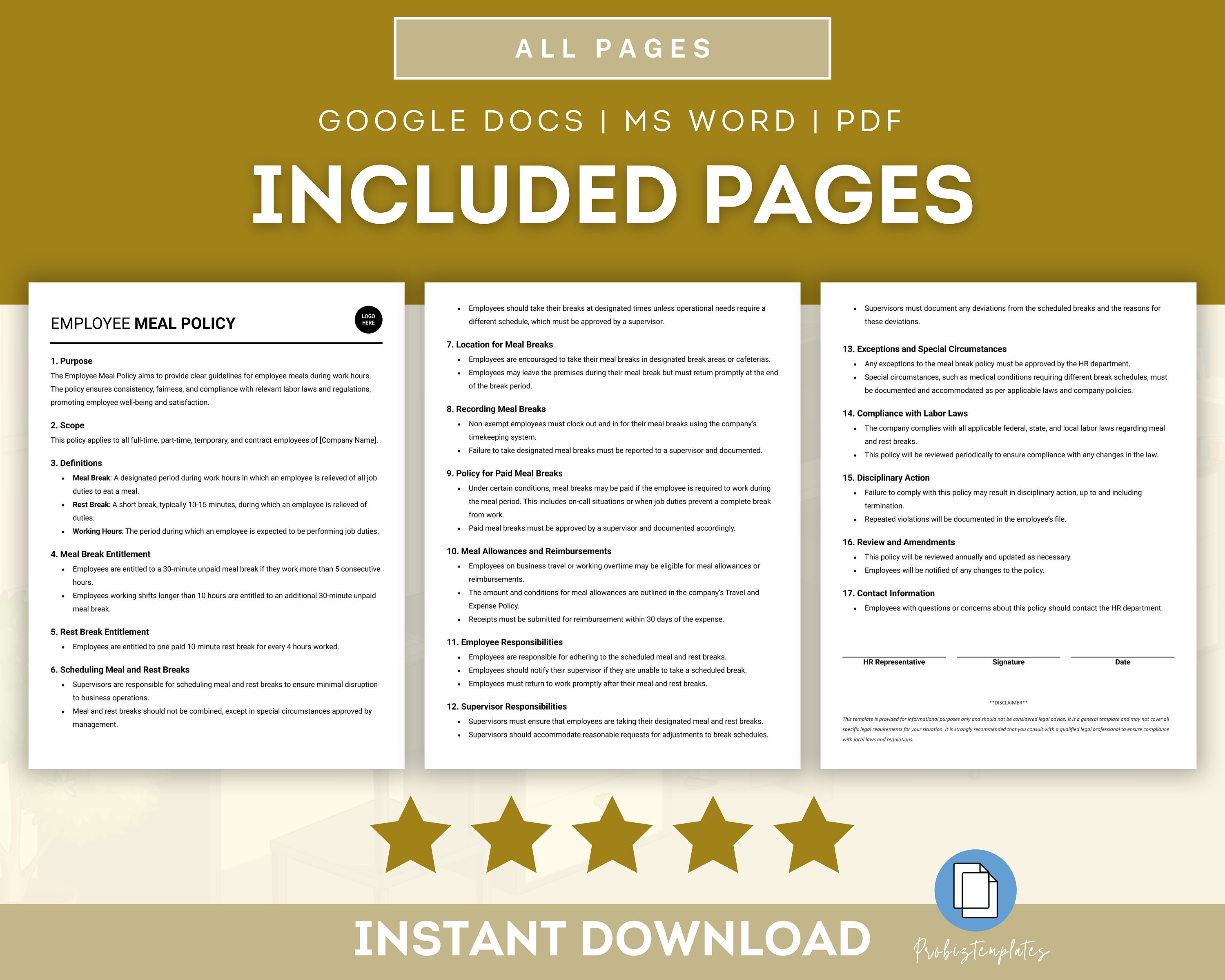 Employee Meal Policy Template, Workplace Meal Guidelines, Employee ...