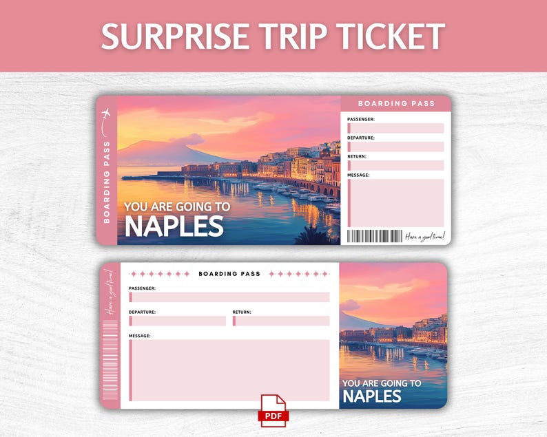 Printable Naples Surprise Gift Ticket, Editable Italy Boarding Pass ...