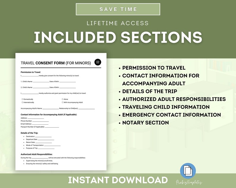 Travel Consent Form for Minors, Minor Travel Authorization Form, Child ...