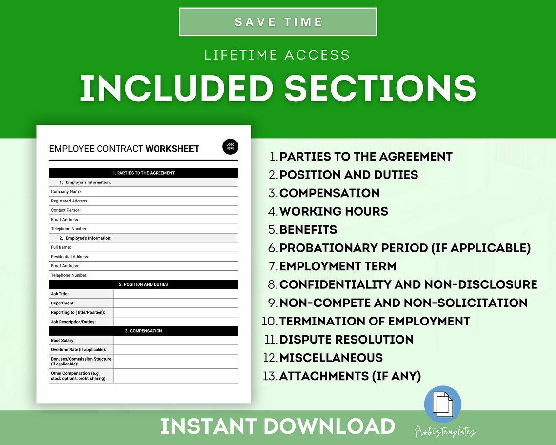 Employment Contract Worksheet Template, Job Contract Worksheet ...