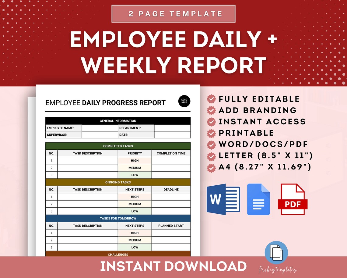 Employee Daily & Weekly Progress Report Template, Employee Daily and ...