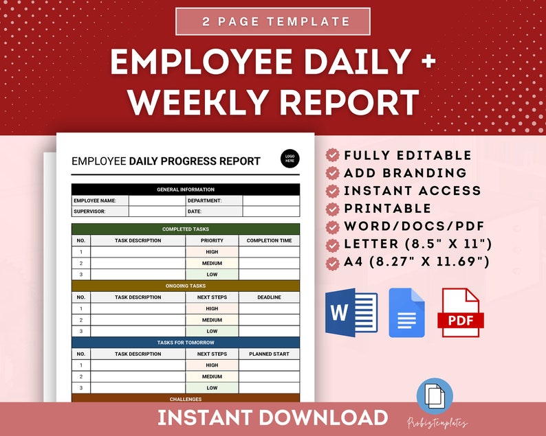 Employee Daily & Weekly Progress Report Template, Employee Daily and ...