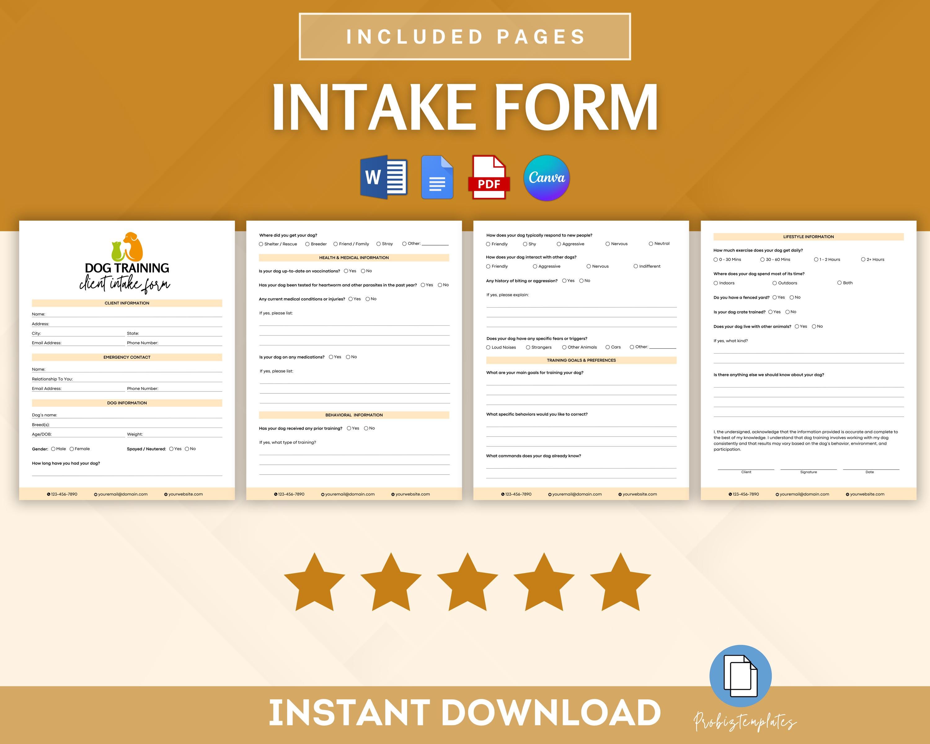 Dog Training Contract Bundle, Pet Training Agreement Form, Dog Trainer ...