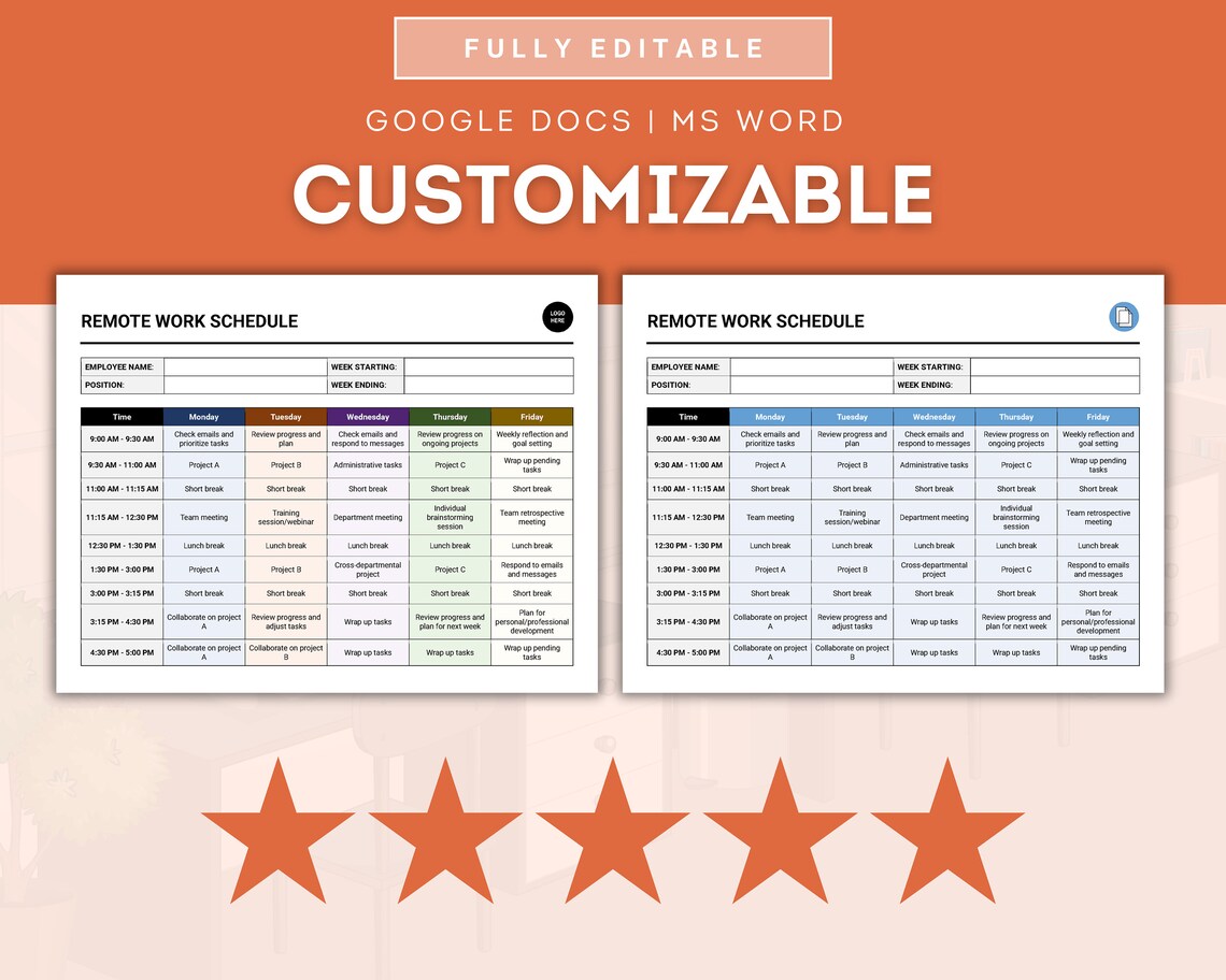 Remote Work Schedule Template, Virtual Work Timetable, Telecommuting ...