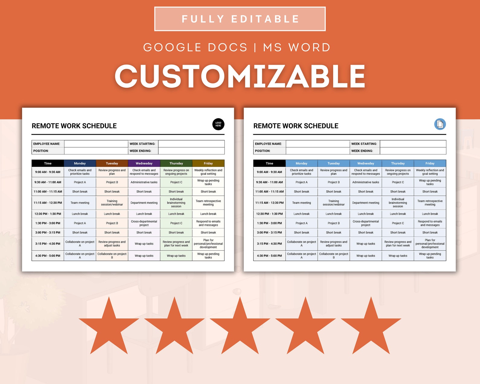 Remote Work Schedule Template, Virtual Work Timetable, Telecommuting ...