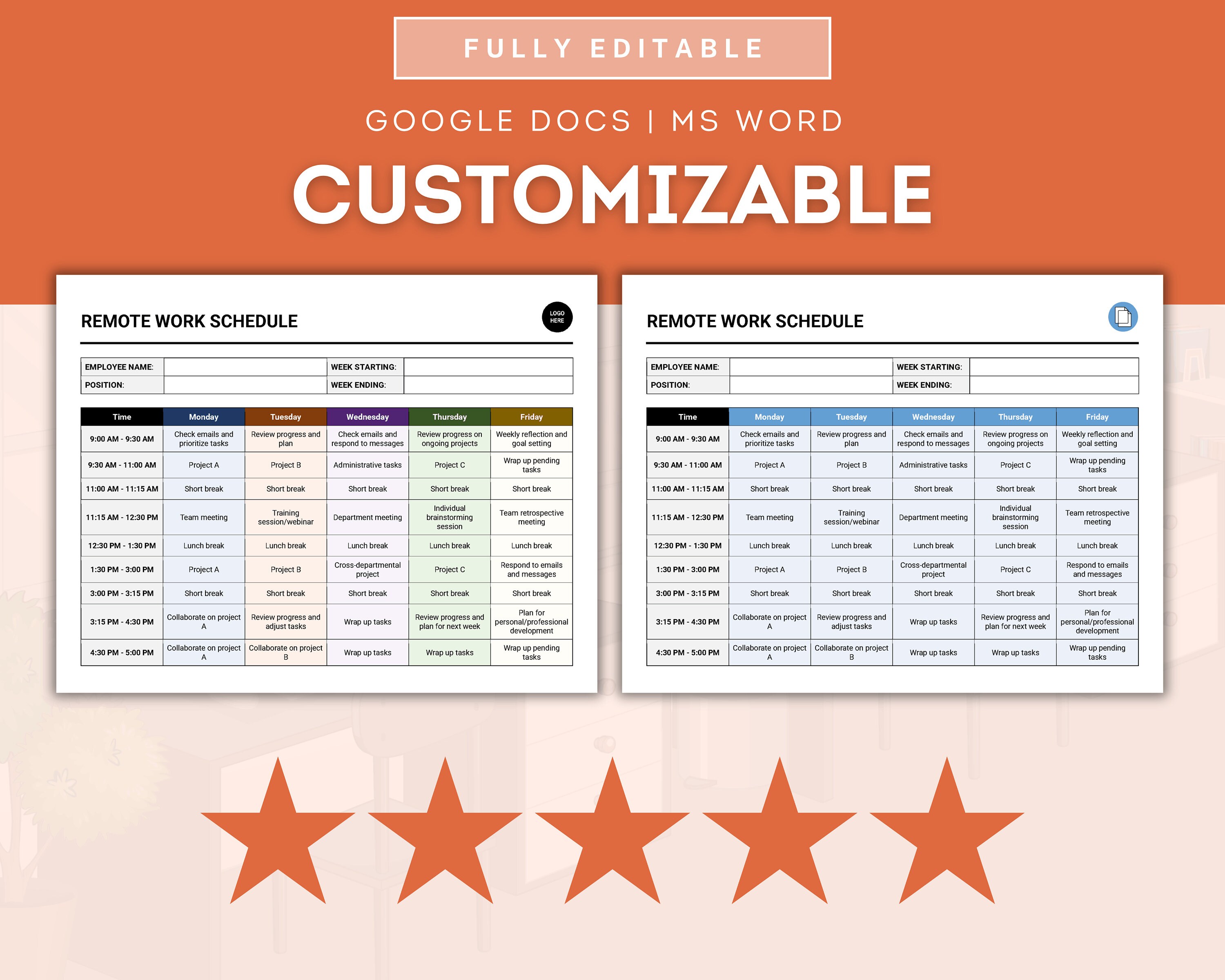Remote Work Schedule Template, Virtual Work Timetable, Telecommuting ...