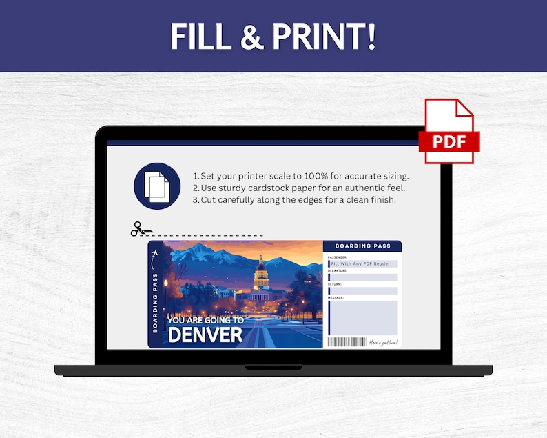 Printable Denver Surprise Gift Ticket, Editable Colorado Vacation ...