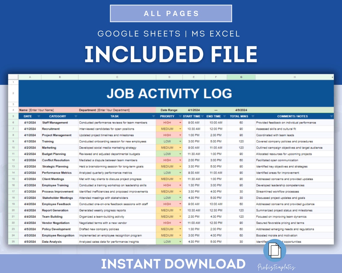 Job Activity Log Template, Work Task Tracker, Daily Work Journal Template, Job Task Recording ...