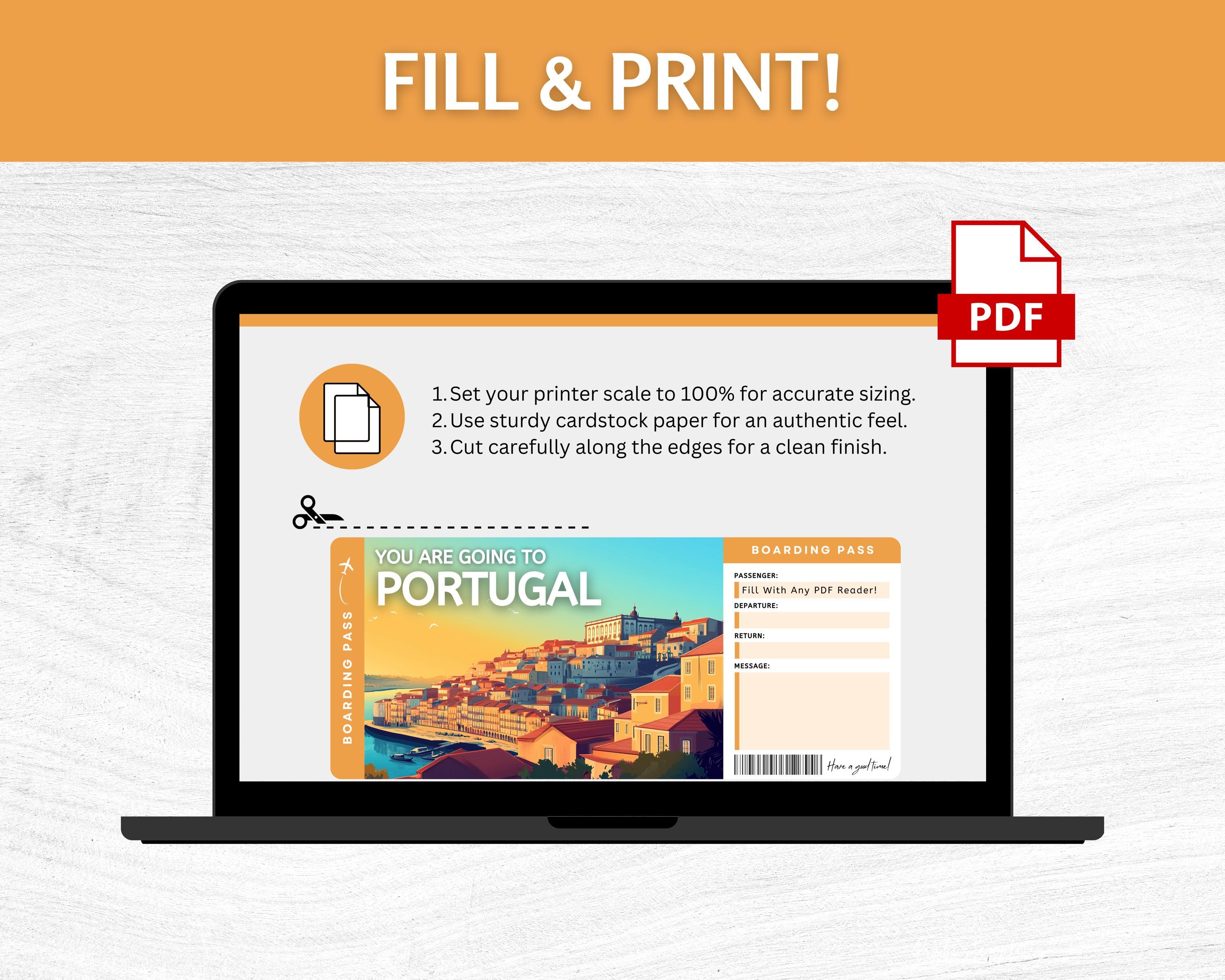 Printable Portugal Surprise Gift Ticket, Editable Lisbon Vacation ...