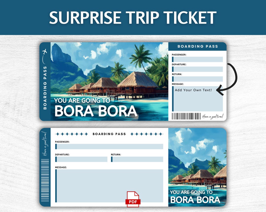 Printable Bora Bora Surprise Gift Ticket, Editable French Polynesia ...