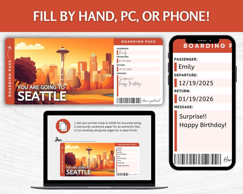 Printable Seattle Surprise Gift Ticket, Editable Washington Vacation ...