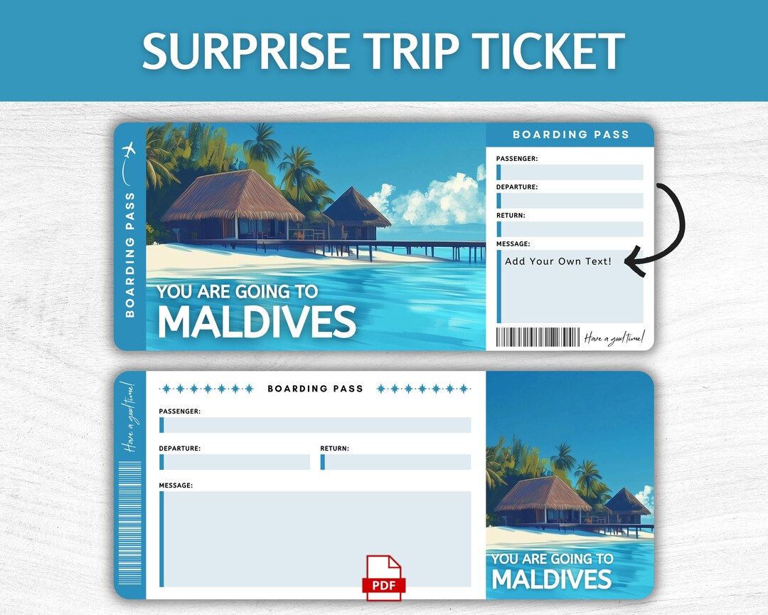 Printable Maldives Surprise Gift Ticket, Editable Tropical Vacation ...