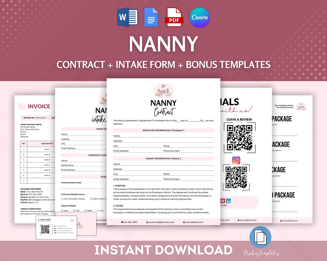 Nanny Contract Bundle, Childcare Service Agreement Template, In-home ...