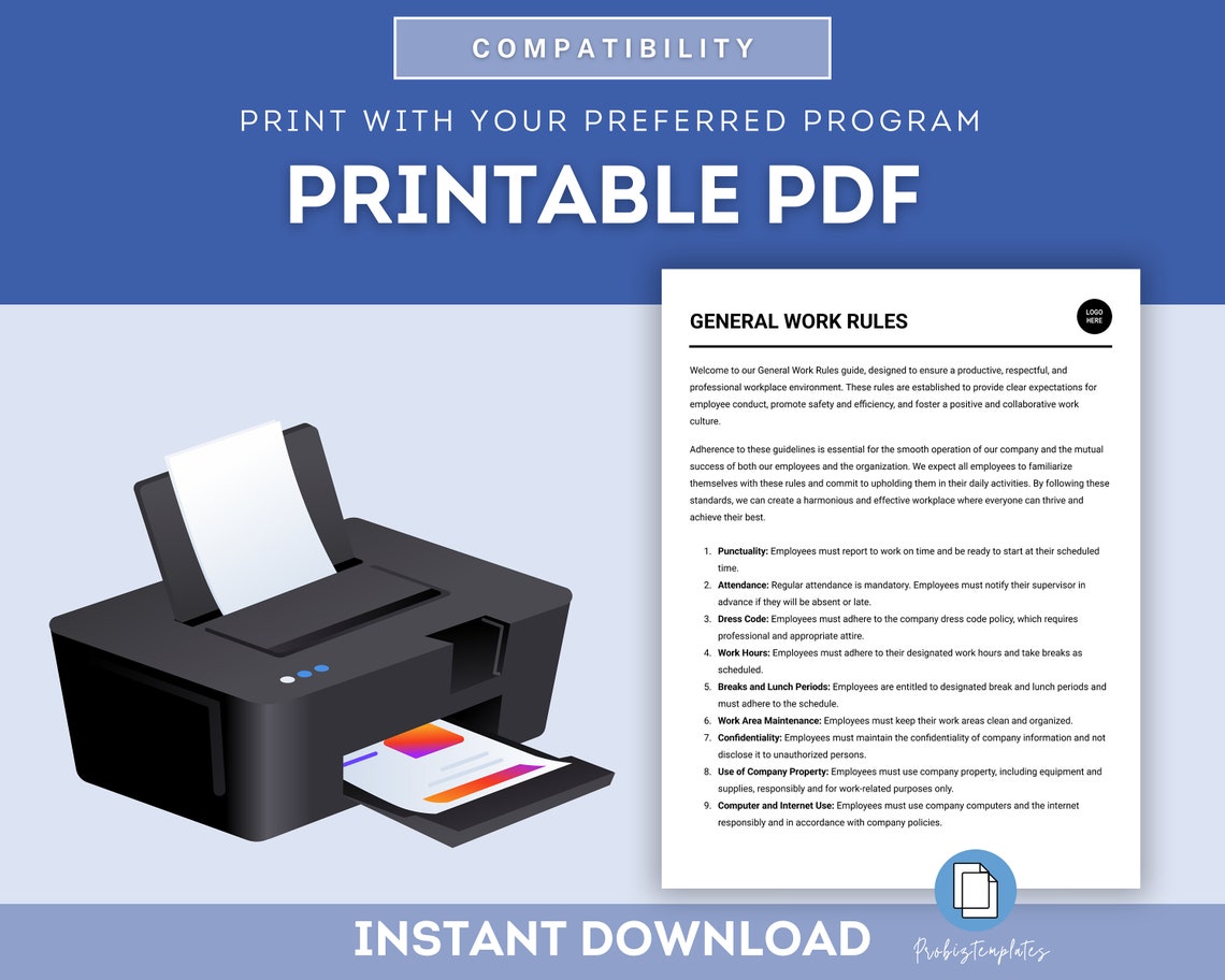 General Work Rules Template, Employee Workplace Rules, Company Work ...