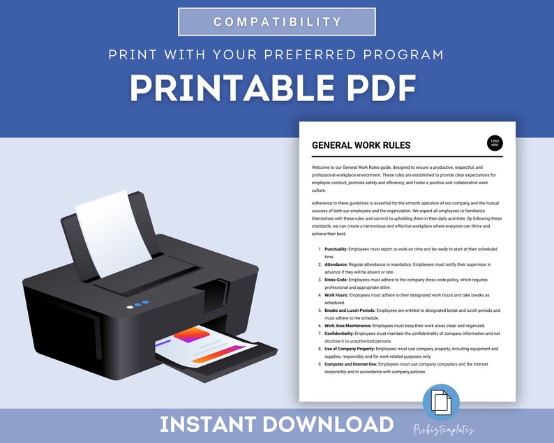 General Work Rules Template, Employee Workplace Rules, Company Work ...