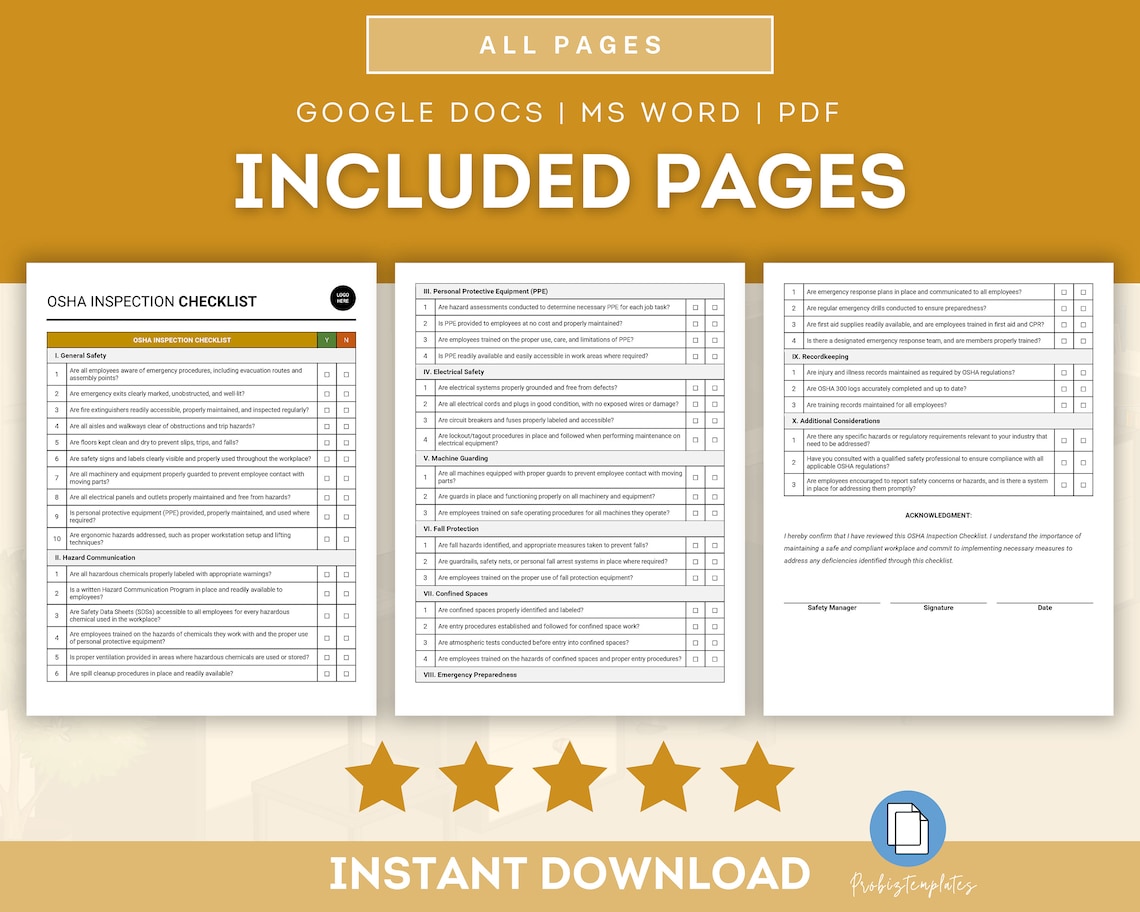 OSHA Inspection Checklist Template, Occupational Safety Evaluation Form ...