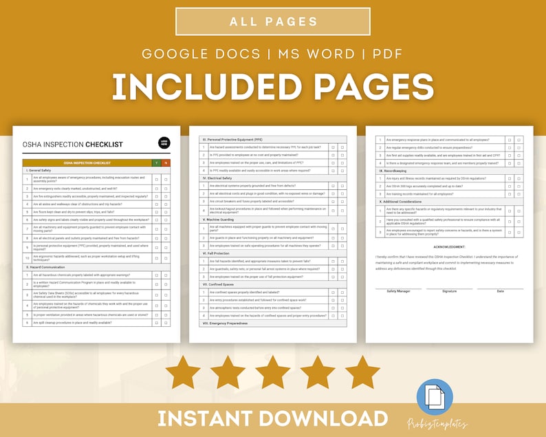 OSHA Inspection Checklist Template, Occupational Safety Evaluation Form ...