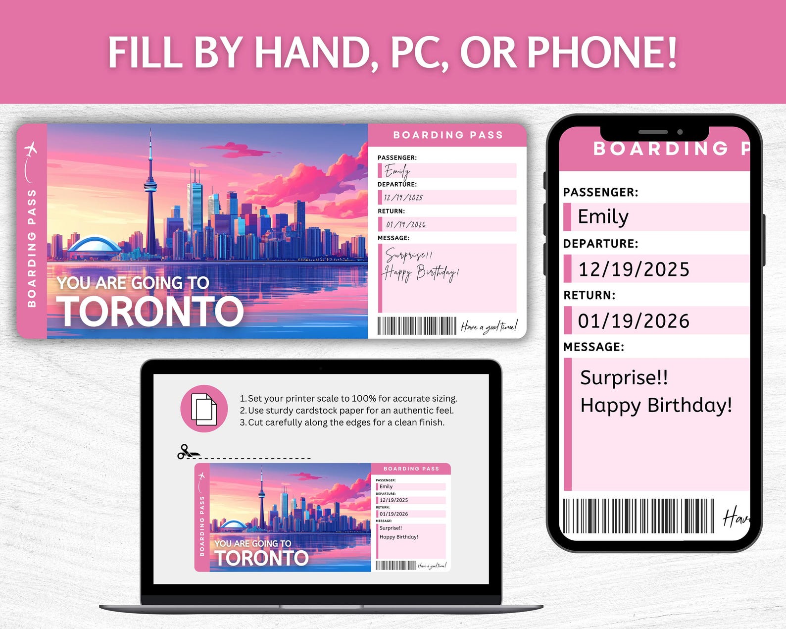 Printable Toronto Surprise Gift Ticket, Editable Canada Vacation ...