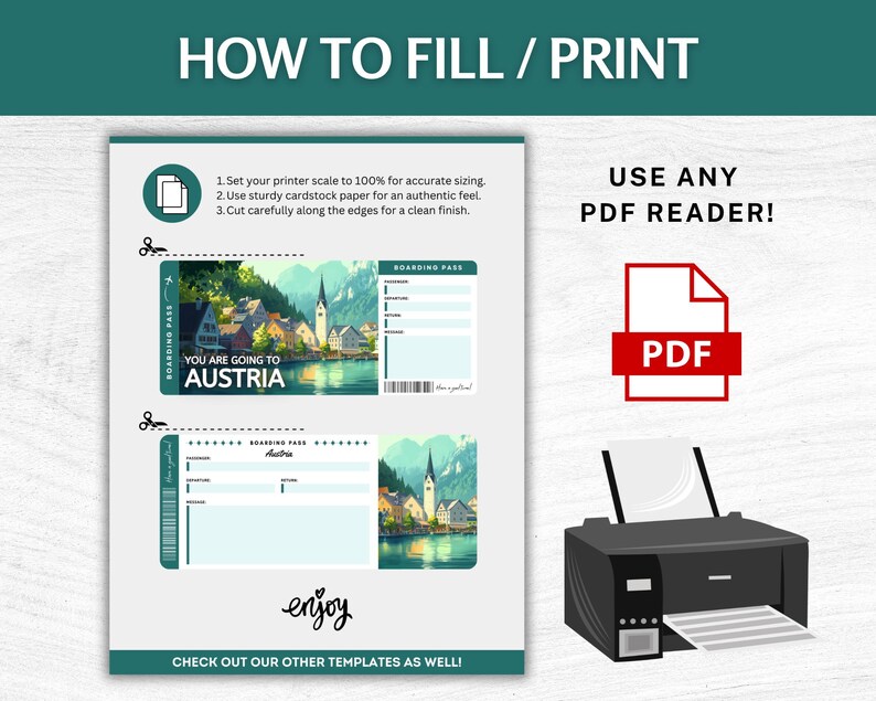 Printable Austria Surprise Gift Ticket, Editable Vienna Boarding Pass ...