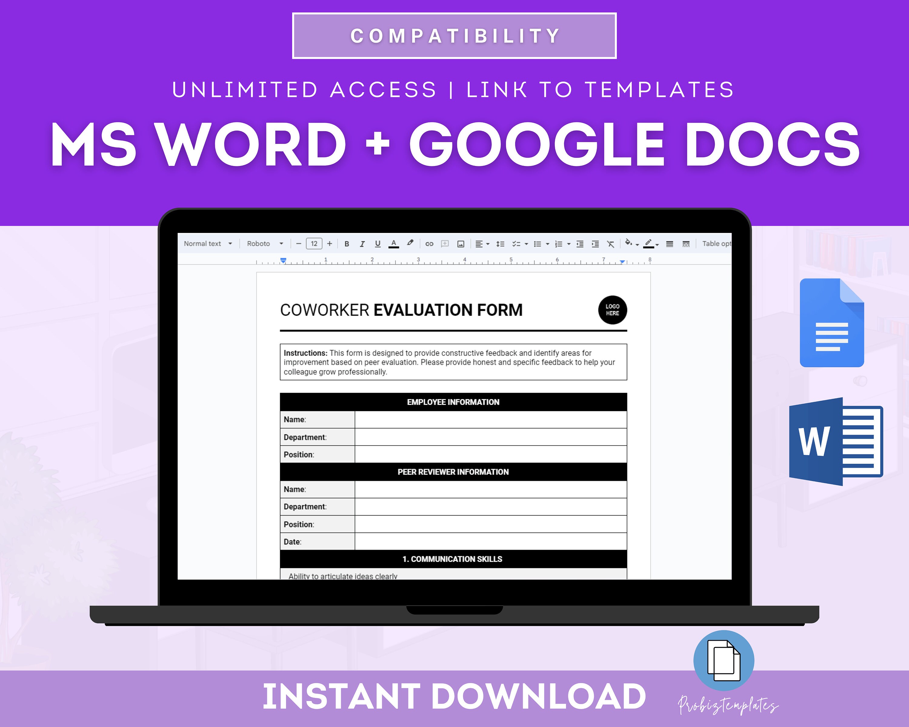 Coworker Evaluation Form Template, Peer Review Form, Colleague ...