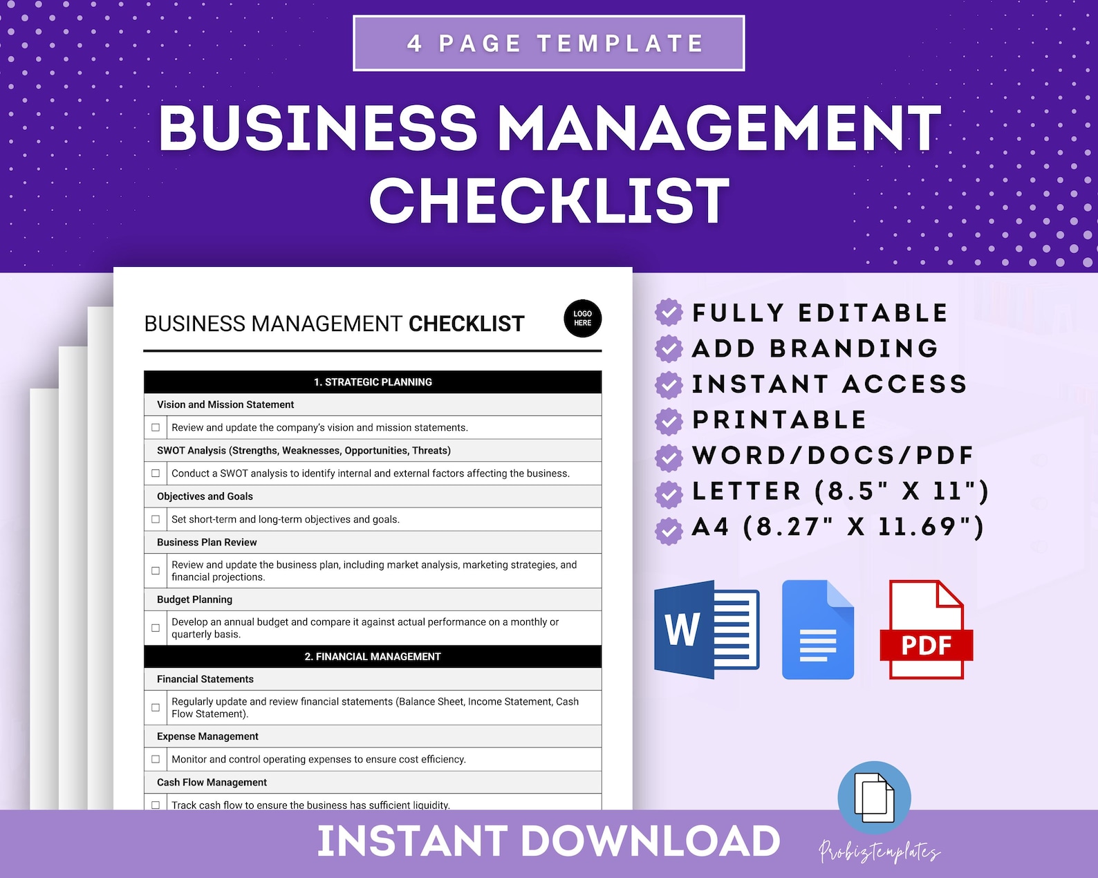 Business Management Checklist Template, Company Management Checklist ...