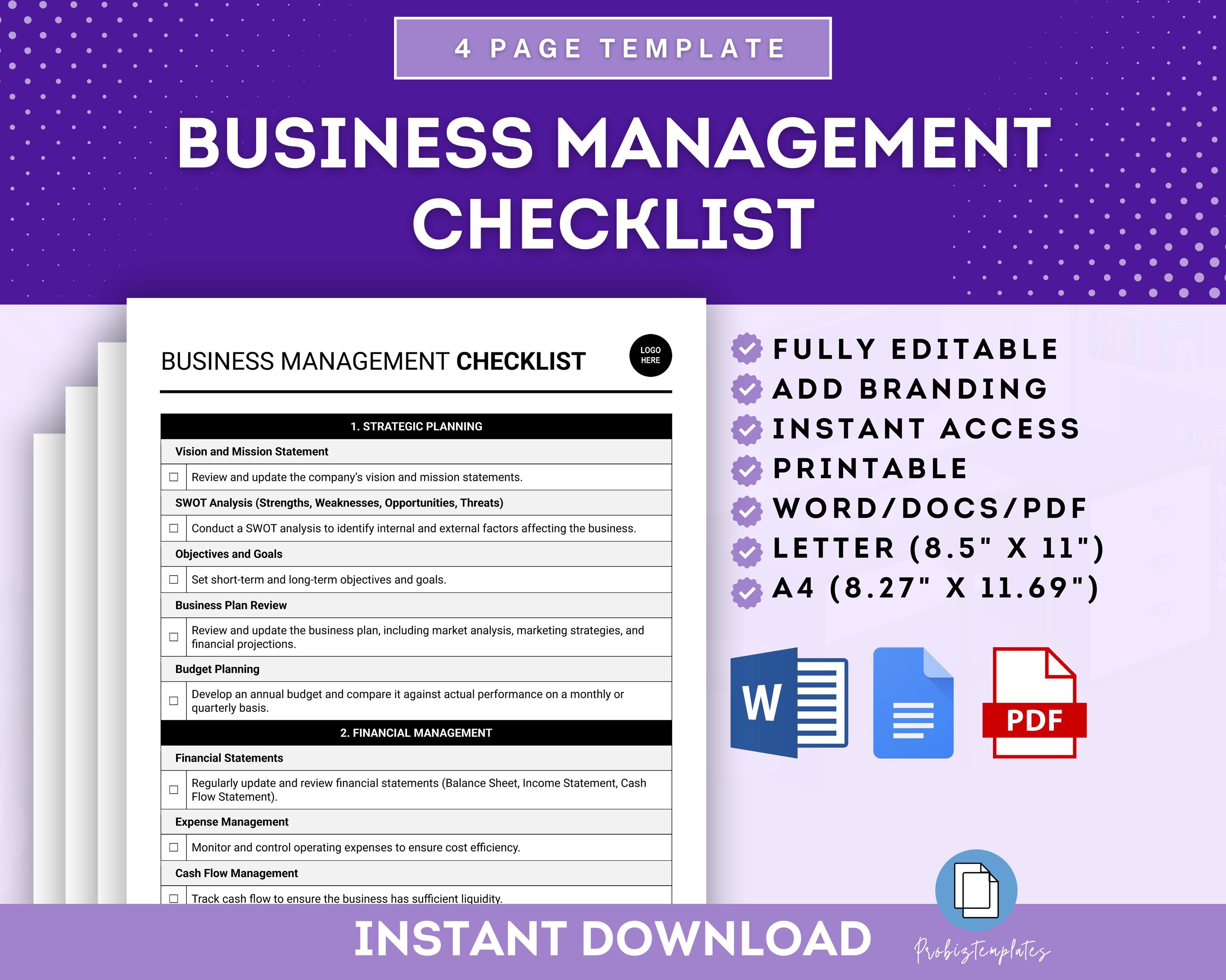 Business Management Checklist Template, Company Management Checklist ...
