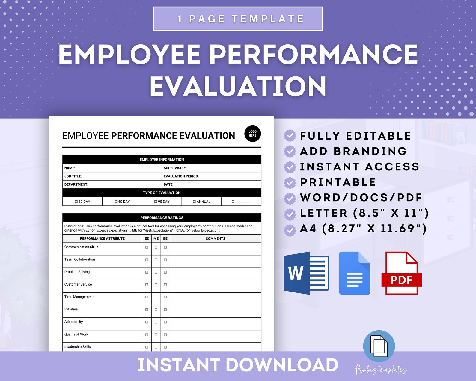 Employee Performance Evaluation Form Template, Human Resource Employee ...