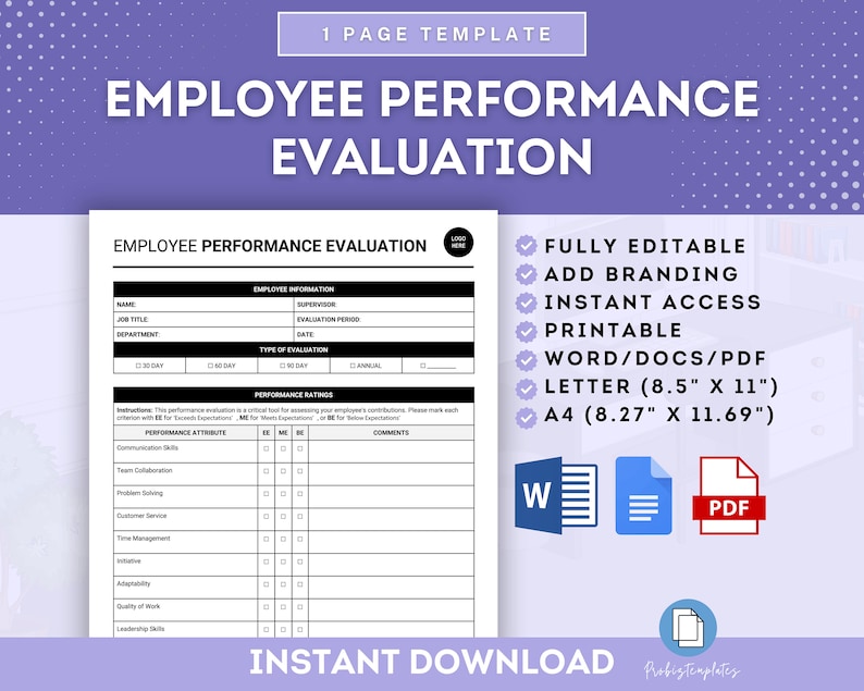 Employee Performance Evaluation Form Template, Human Resource Employee ...