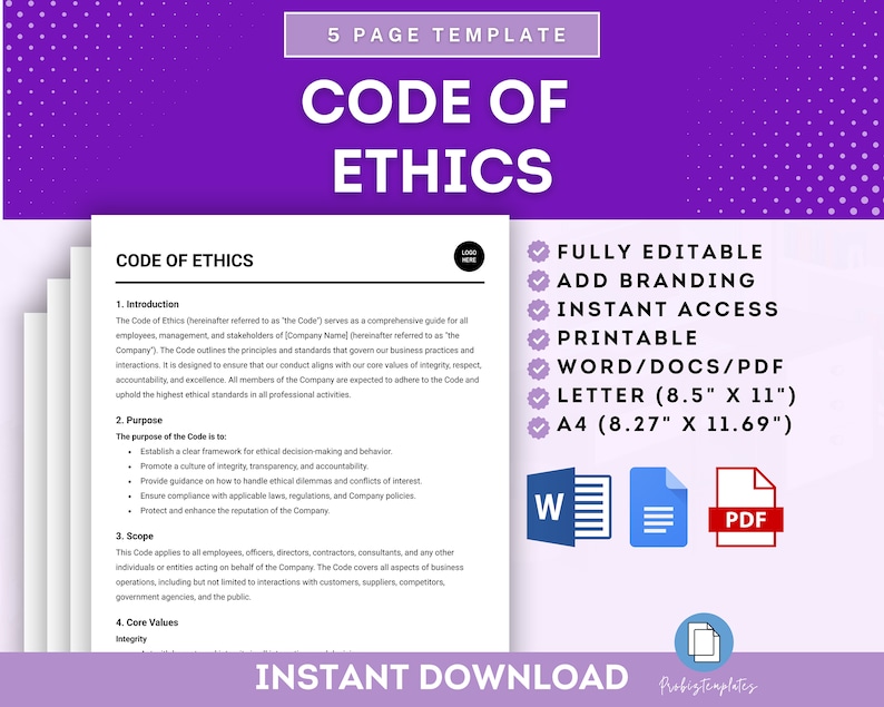 Code of Ethics Template, Business Ethics Policy Template, Company ...