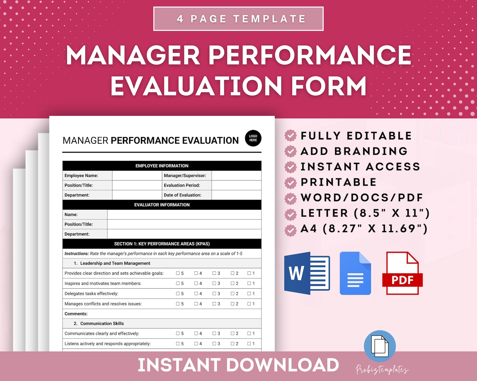 Manager Performance Evaluation Form Template, Management Evaluation ...