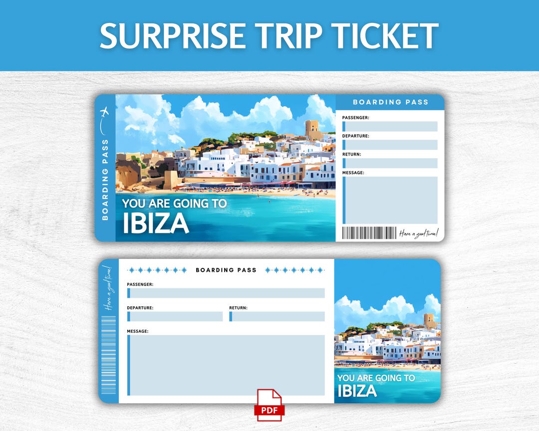 Printable Ibiza Surprise Gift Ticket, Editable Ibiza Boarding Pass ...