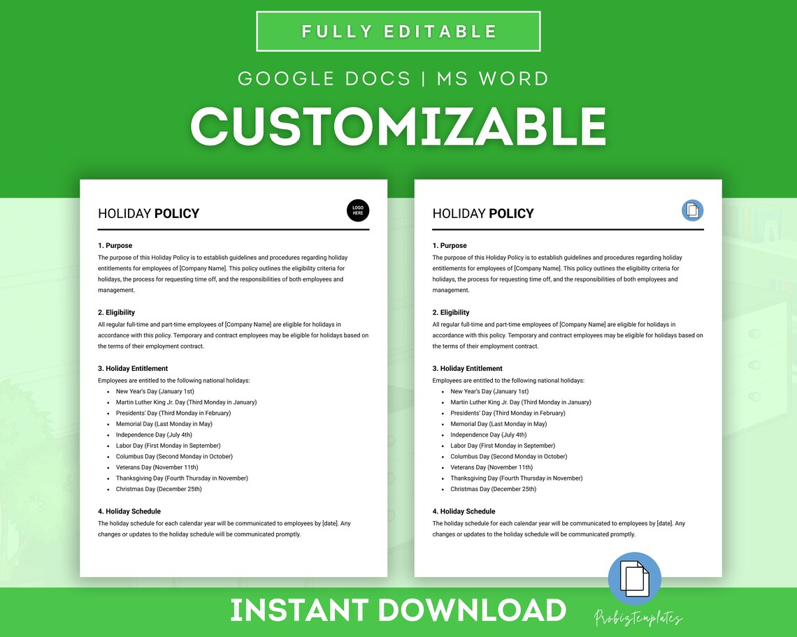 Employee Holiday Policy Template, Employee Holiday Benefits Policy ...