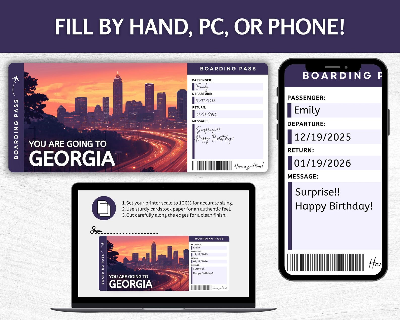 Printable Georgia Surprise Gift Ticket, Editable Atlanta Vacation ...