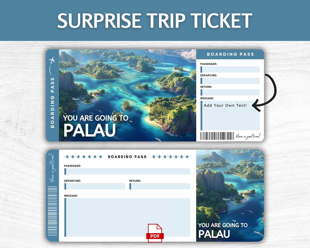 Printable Palau Surprise Gift Ticket, Editable Island Vacation Boarding ...