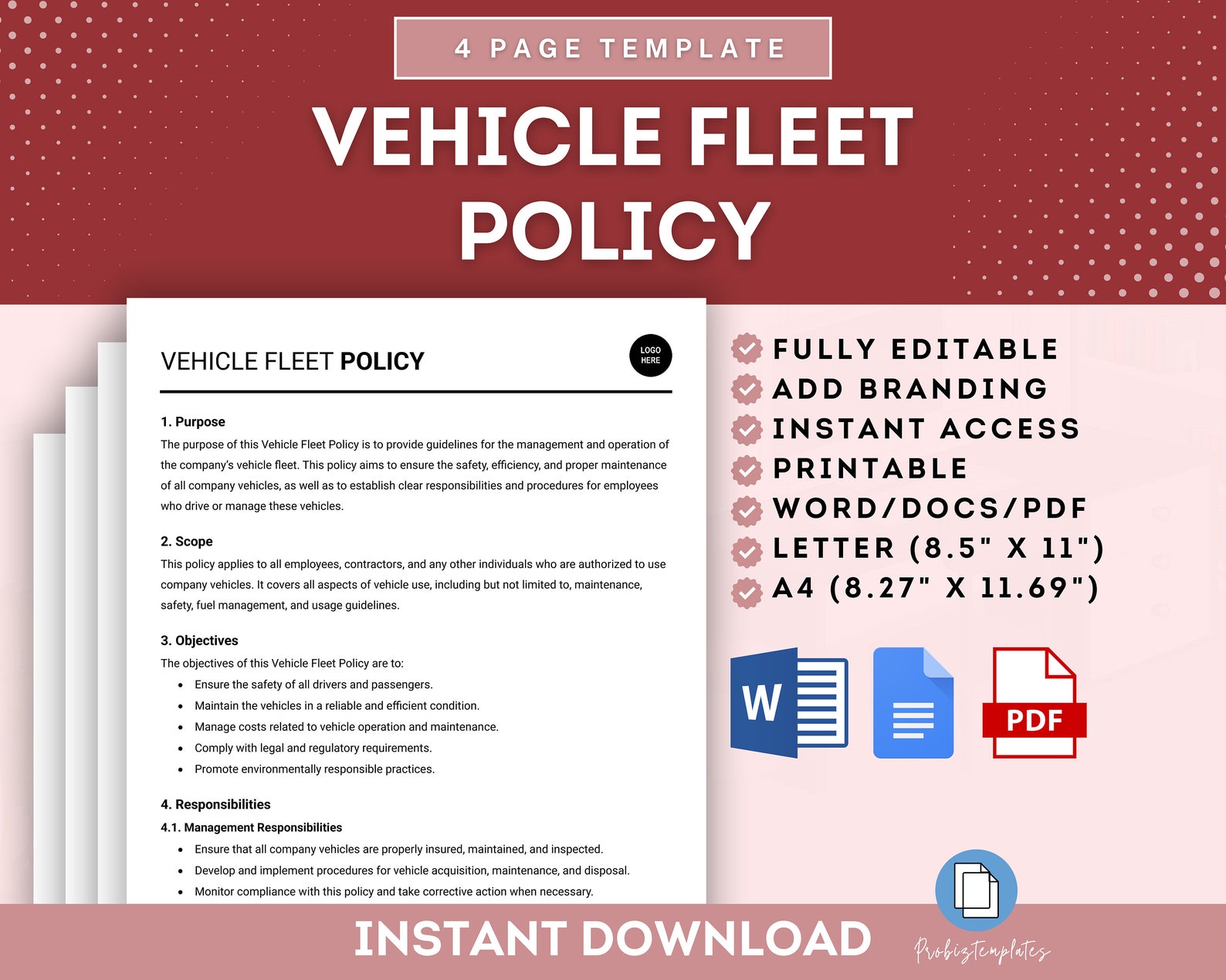 Vehicle Fleet Policy Template, Fleet Management Policy, Company Vehicle ...