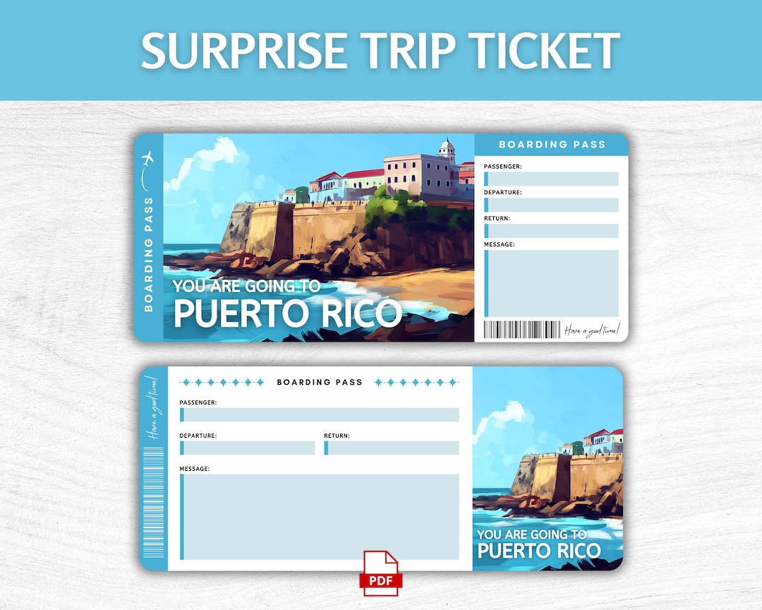 Printable Puerto Rico Surprise Gift Ticket, Editable San Juan Boarding ...