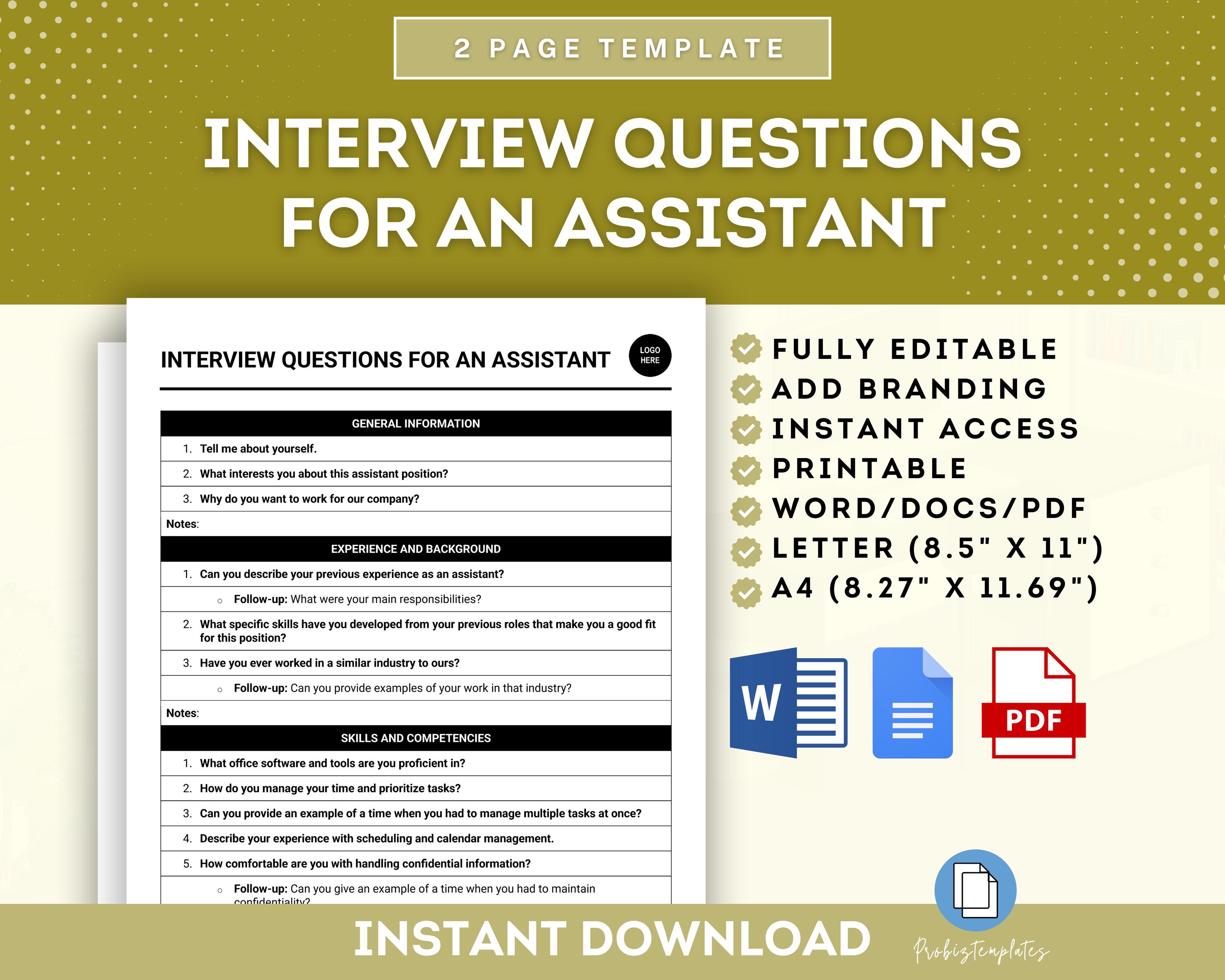 Interview Questions for an Assistant Template, Assistant Interview ...