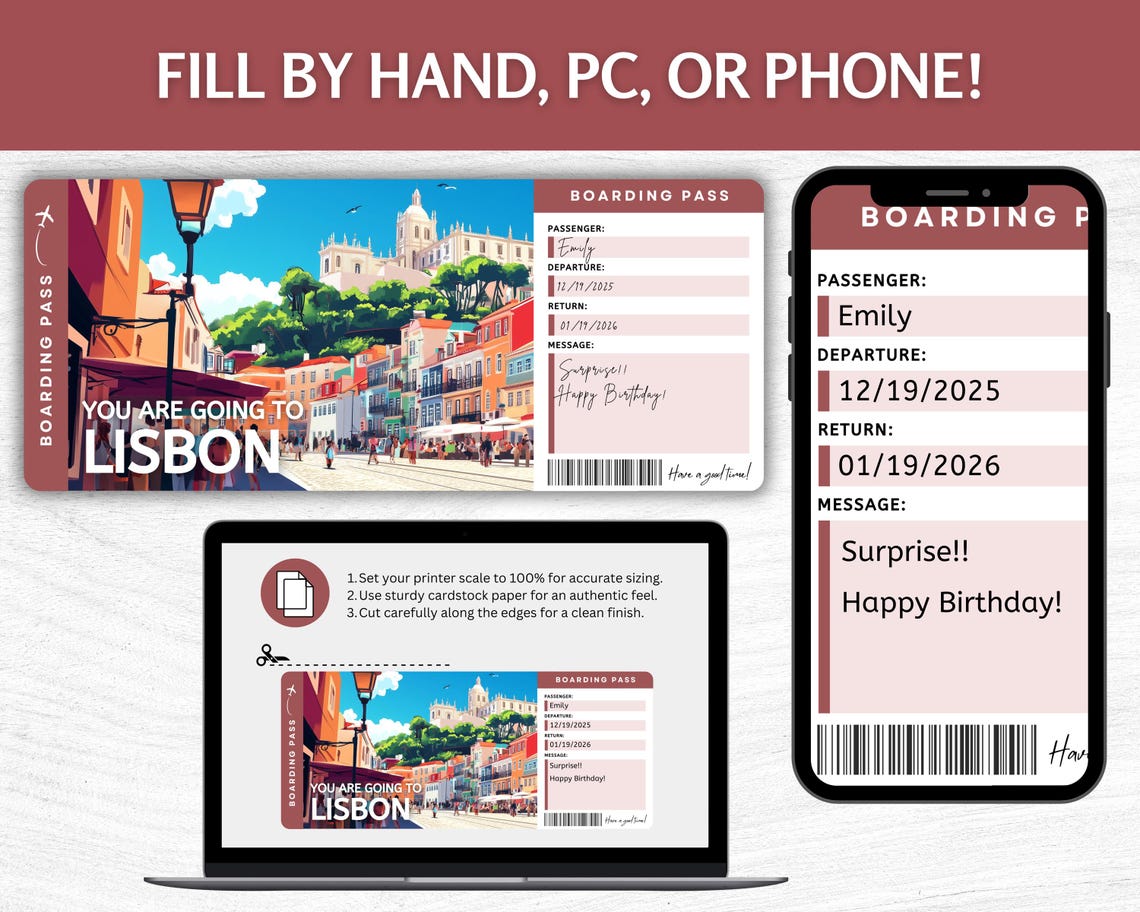 Printable Lisbon Surprise Gift Ticket, Editable Portugal Boarding Pass ...